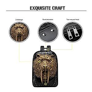 3D Animal Saber-toothed Tiger Backpack, Studded PU Leather Cool Laptop Backpack College Bookbag, Gold, Black