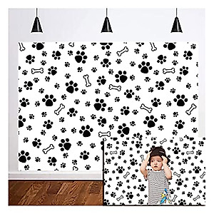MAQTT Black Puppy Paw Print Backdrop Decoration for Baby Shower White Bone Photo Background Kids Birthday Party Supplies Wall Paper Table Decor Photo Props 5x3ft