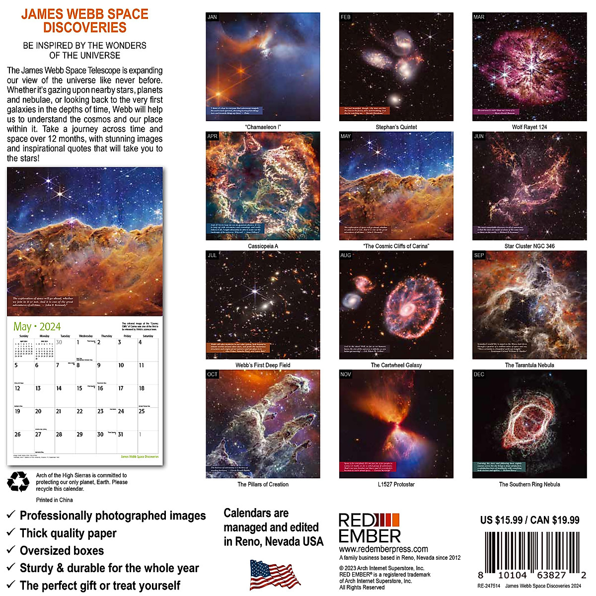 RED EMBER James Webb Space Telescope 2023 Hangable Monthly Wall Calendar |12" x 24" Open | Thick & Sturdy Paper | Giftable | Outer Space Universe NASA