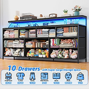 EnHomee 55" W Dresser for Bedroom with 10 Drawers Long Dresser with LED Lights & Power Outlets Wide Dressers & Chests of Drawers Large Dresser for Bedroom Dresser Metal Frame, Wood Top, Charcoal Black