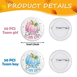 100 Pcs Pumpkin Gender Reveal Pins Pumpkin Baby Shower Buttons Pins Fall Team Boy Team Girl Pins for Thanksgiving Halloween Reveal Parties and Baby Showers Decorations