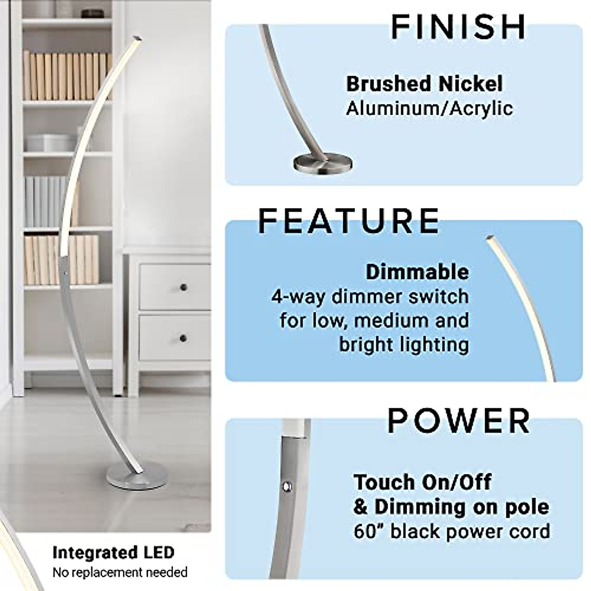 Catalina Lighting Mid-Century Modern Dimmable 4-Way Touch Arc LED Floor Lamp, 69.25", Silver