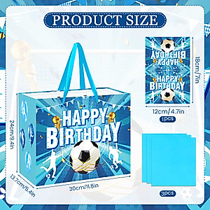 Soccer Birthday Gift Bag for Boys, Blue Soccer Wrapping Paper Favors Bags with Tissue Paper Card Large Soccer Ball Birthday Goodie Treat Bags for Sport Theme Baby Shower Party Decorations Supplies
