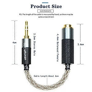 GUCraftsman 3.5mm Stereo Male to 4.4mm Balanced Female Portable Headphone Adapter Cable 6N Single Crystal Silver Headphone Jack Convert Cable for Audio Players with 3.5mm Ports