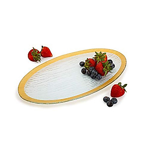 GAC Tempered Glass Oval Platter Serving Tray - Break and Chip Resistant - Oven Proof - Microwave and Dishwasher Safe - Gold Trim Decorative Plate