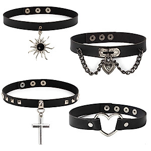 Black Pu Leather 4 Pcs Punk Leather Choker Gothic Accessories Collar for Women Adjustable Heart Cross Gothic Jewelry Gifts Masquerade (A)