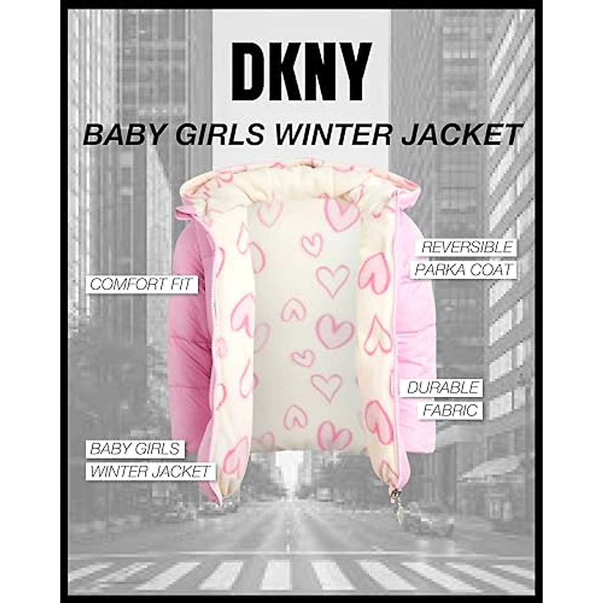 DKNY Baby Girls Winter Jacket – Reversible Puffer Jacket with Fleece Lining – Reversible Coat for Infants/Toddlers (12M-4T), Size 4T, Medium Pink/Pink Cream Hearts