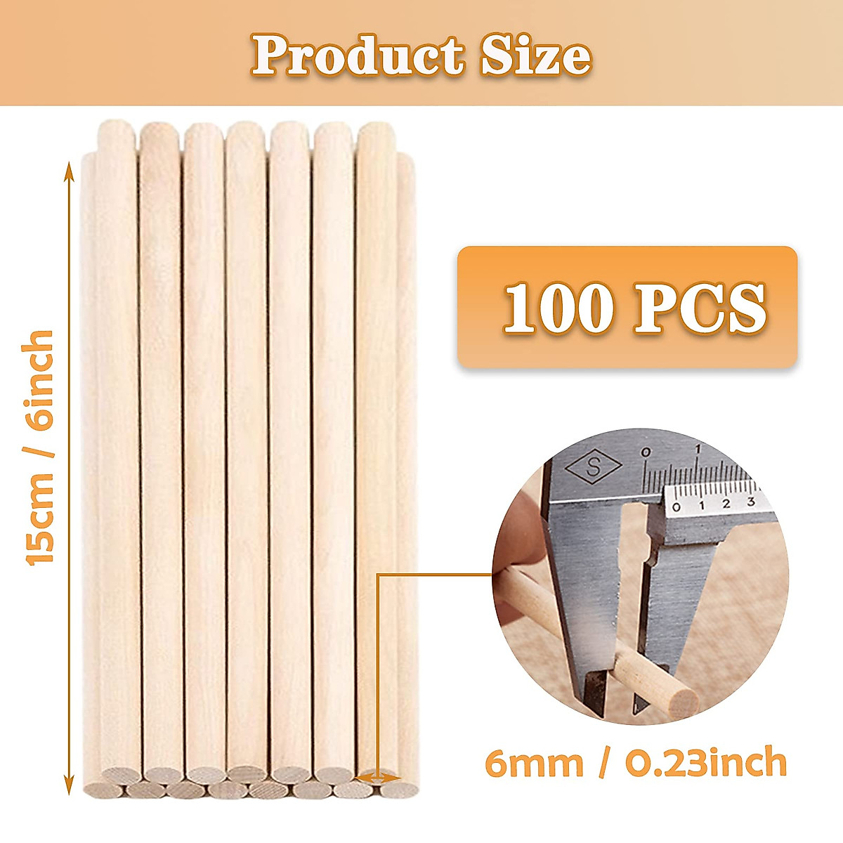 Wooden Dowel Rods, Unfinished Natural Wood Sticks 1/4 x 6 Inch Craft Dowel Rods for Crafts and DIYers 100pcs Hardwood Sticks Dowling Rods