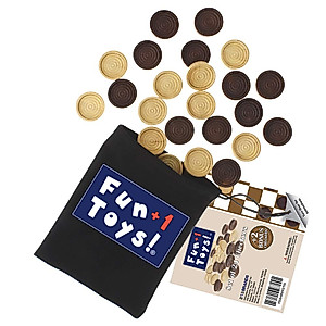 Fun+1 Toys! Classic Wood Checkers Stackable Pieces - Set of 26 Total Checkers Pieces in a Velvet Drawstring Storage Pouch. Each Piece 1.125-Inch Wide and in Brown/Natural Colors.
