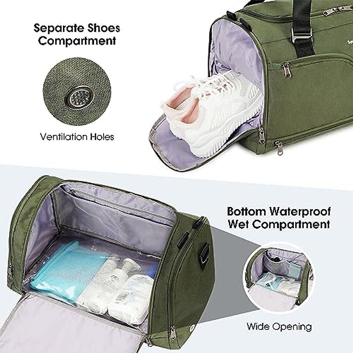 Gym Bag for Women Men Sports Backpack with Wet Pocket & Shoes Compartment Travel Duffle bag with Toiletry Bag Weekender Overnight Bag Carry On Backpack Army Green