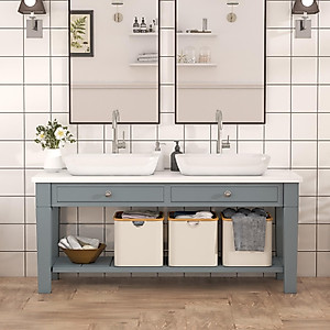 Lifewit 42L Collapsible Storage Bin with Bamboo Handles, Foldable Storage Basket for Organizer, Storage Cubes for Closet and Shelves, Dorm, Laundry Room, Bedroom, White, 3 Pack