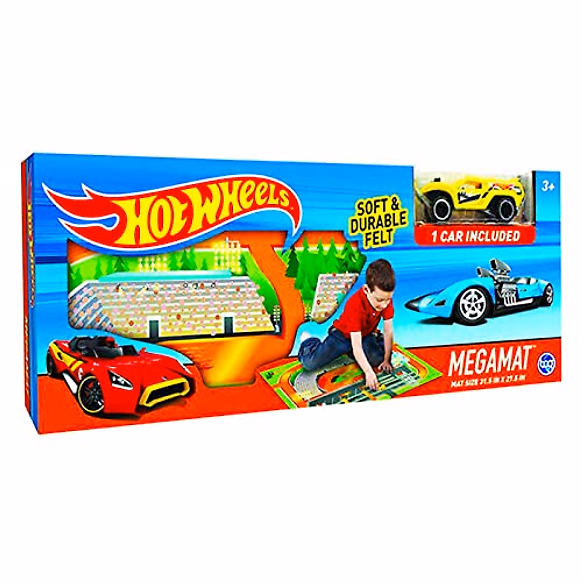 Hot Wheels Kids Hot Wheels Mega Mat with Vehicle - Bundle with Hot Wheels Playmat with Vehicle and 4 Racecar Sticker Sheets (Car Playmat for Boys)