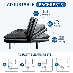 MUUEGM 71" Sofa Bed with Memory Foam,Futon Sofa Bed with Adjust Backrest and Armrest, Couches for Living Room,Studios, Apartments, Dormitories, Offices and Game Rooms. Black Leather Sofa
