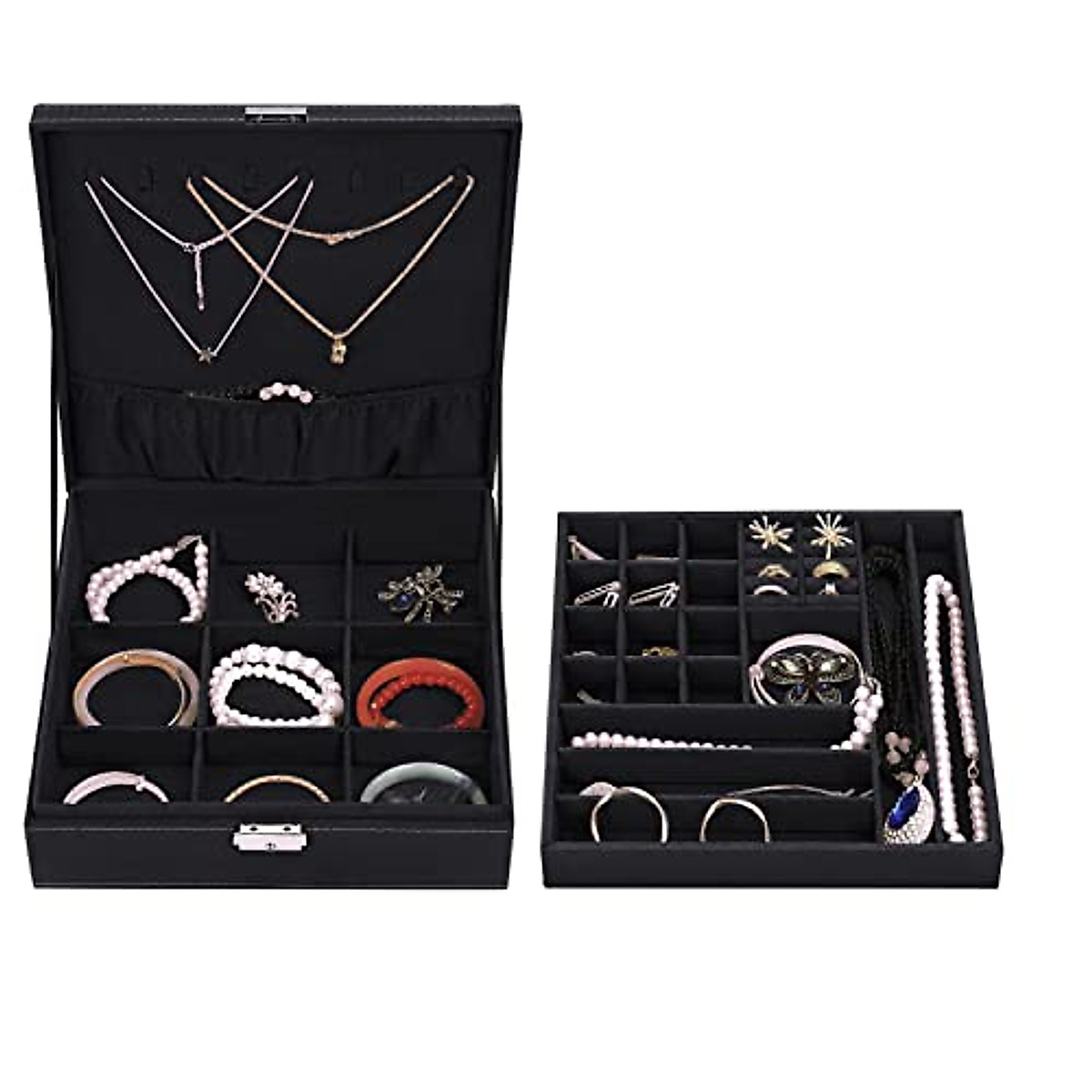 MOSISO Jewelry Box, Jewelry Storage Case Organizer Stackable Double Layer Lockable Display for Teens Girl/Women Velvet Necklace Earring Bracelet Ring Watch Brooch Holder, Black