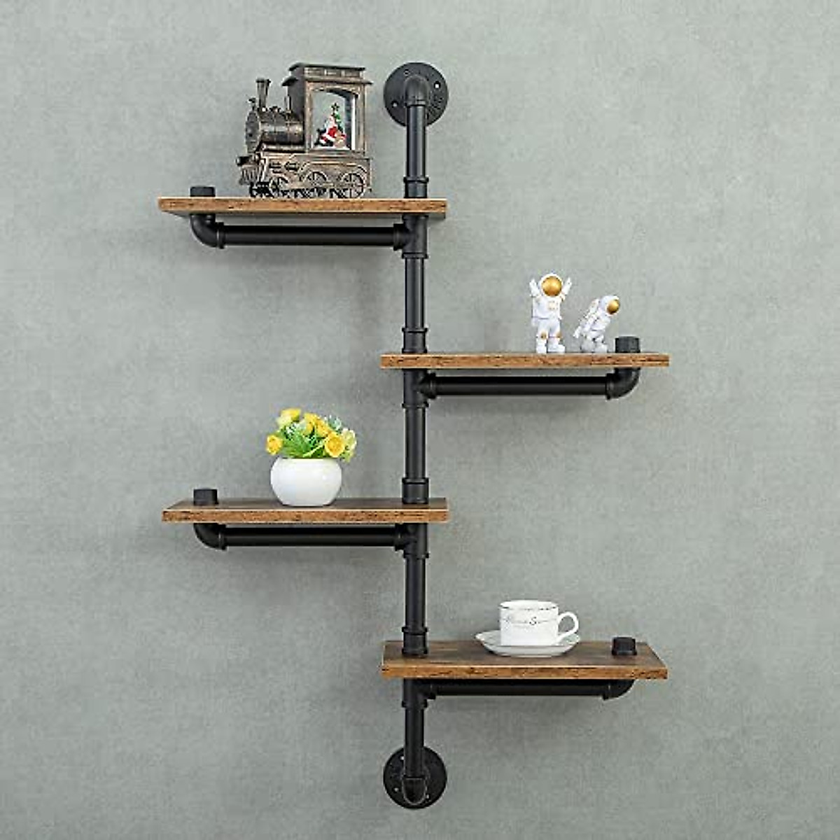 HEONITURE Industrial Pipe Shelving, Pipe Shelves with Wood Planks, Corner Floating Shelves Wall Mounted, Retro Rustic Industrial Shelf for Bar Kitchen Living Room