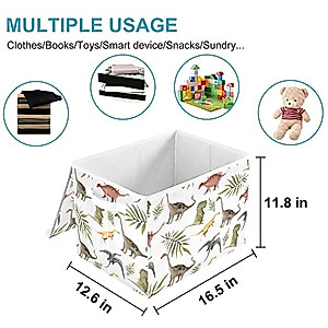 CaTaKu Tropical Leaves Dinosaur Storage Bins with Lids Fabric Large Storage Container Cube Basket with Handle Decorative Storage Boxes for Organizing Clothes Shelves