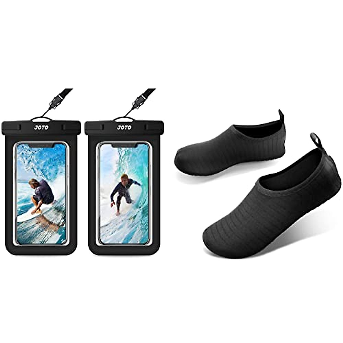 JOTO (2 Pack Universal Waterproof Pouch for iPhone 11 Pro Max, Galaxy S20 Note 10+ up to 6.9" Bundle with Water Shoes Quick-Dry Aqua Water Socks
