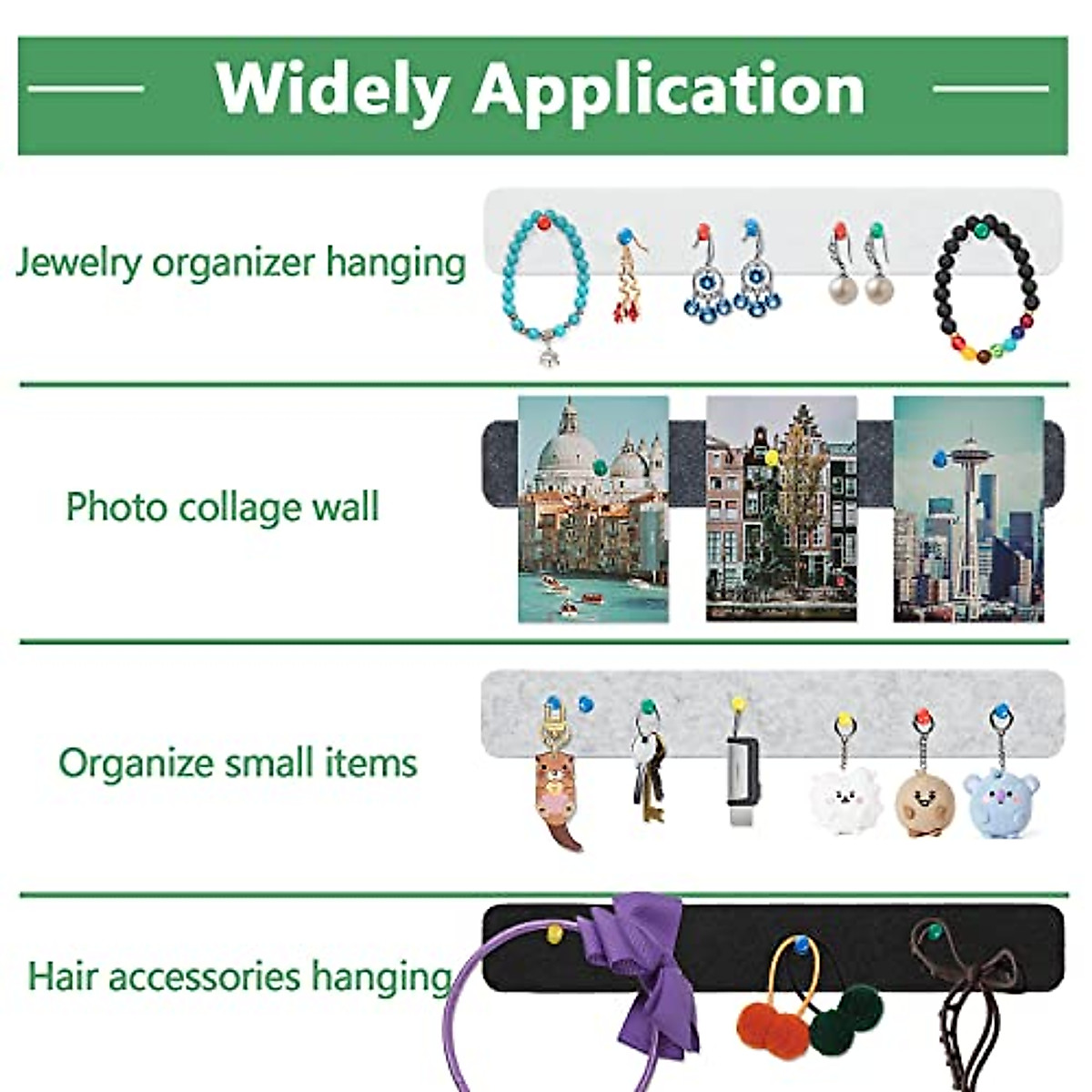 8 Packs Strips Felt Bulletin Board Bar with 50 Push Pins for Office Home,Self-Adhesive Felt Cork Board Bar Strips for Paste Notes, Photos, Schedules(Black,White,Gray)