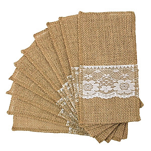 FQTANJU 50 PCS 4"x8" Hessian Burlap Lace Wedding Cutlery Holder Pouch Rustic Decorations Favor