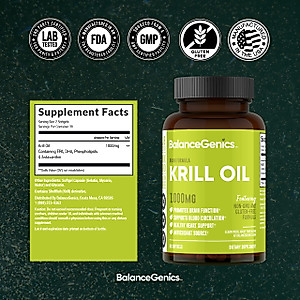 BalanceGenics Krill Oil (1000mg) | Omega-3 EPA, DHA, Contains Naturally Occurring Astaxanthin Antioxidant, Promotes Optimal Brain Function, 60 Softgels