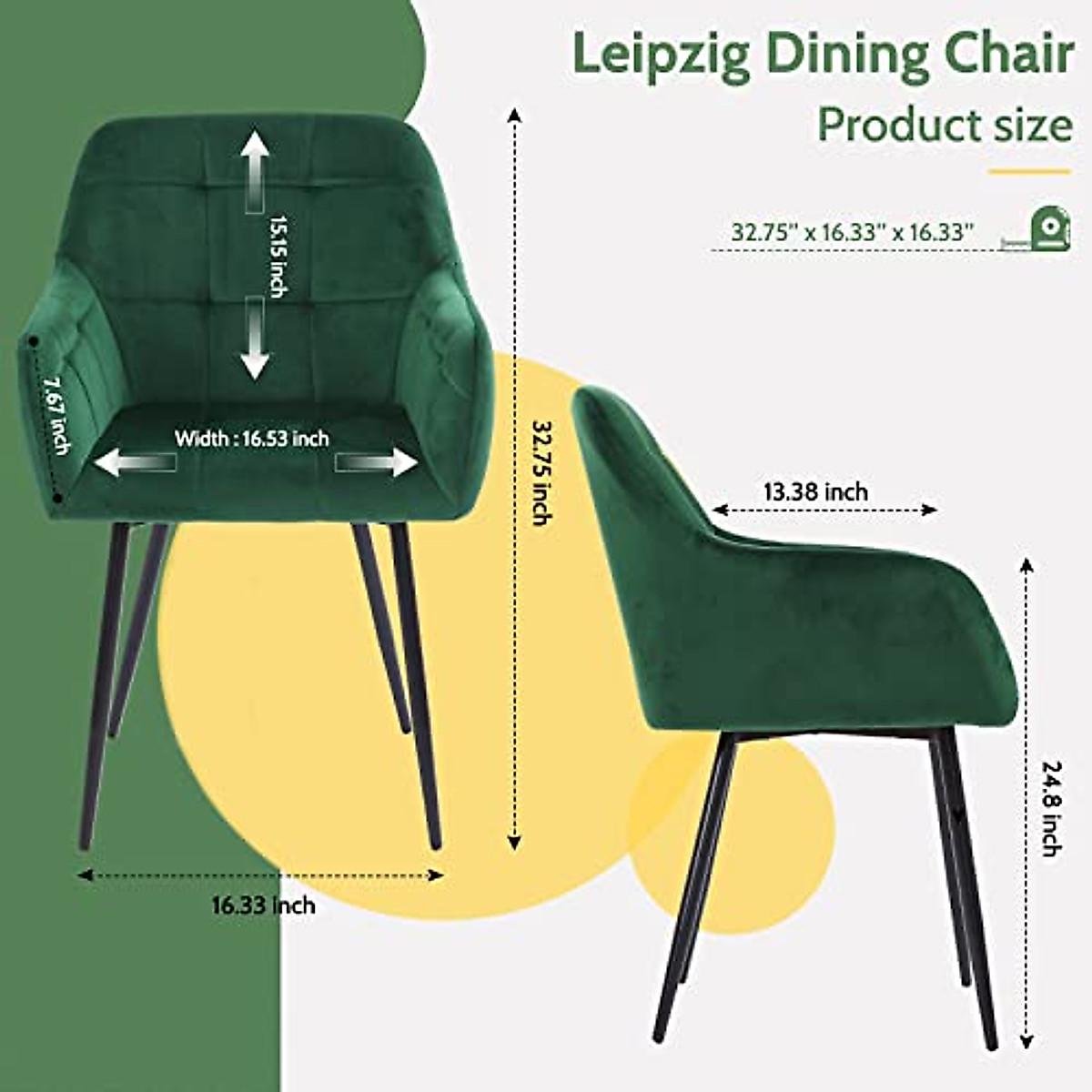 Higliocas Dining Chairs Set of 2, Kitchen Chairs with Velvet Upholstered, Modern Living Dining Room Accent Armchairs with Metal Legs, Green
