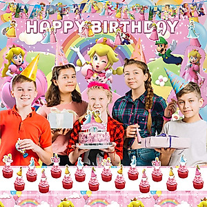 Princess Peach Birthday Party Supplies, Princess Peach Party Favors, Princess Peach Party Decorations Include Banners, Backdrop, Hanging Swirls, Balloons, Cake Decoration, Cupcake Toppers, Tablecloth