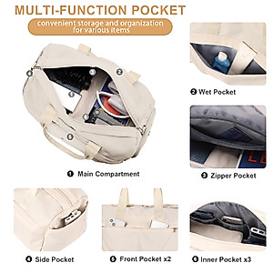 Gym Bag for Women Small Travel Duffle Bag with Shoe Compartment, Waterproof Weekender Overnight Sport Carry on Bag with yoga Mat Trolley Sleeve, Beige