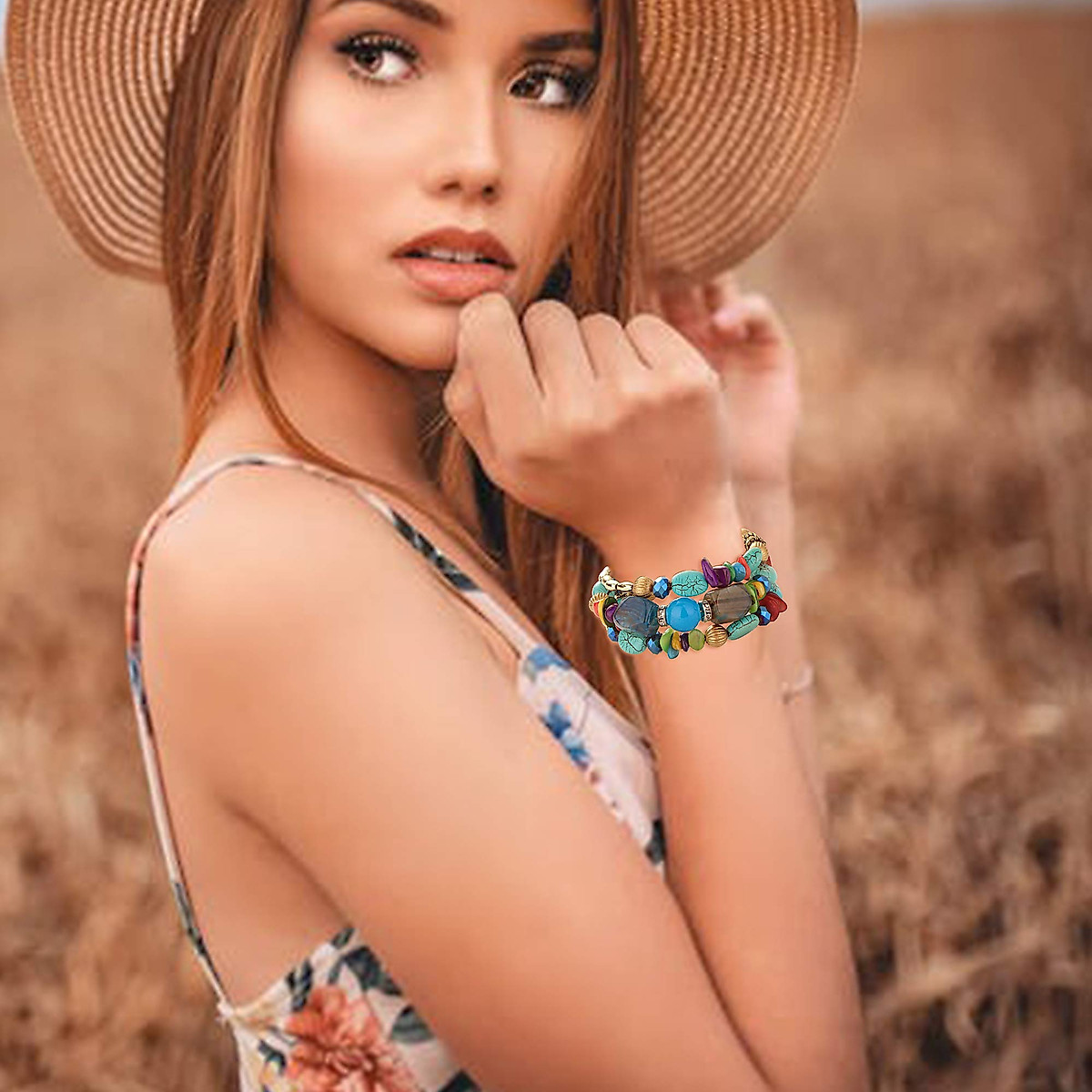 Jstyle 6Sets Bohemian Stackable Bead Bracelets for Women Stretch Multilayered Beaded Bracelet Set Leaf Tassel Charm Bangles Women Gifts