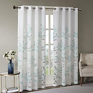 Madison Park Cecily Semi Sheer SINGLE Panel Window Curtain Burnout Botanical Print, Easy To Hang, Fits up to 1.25" Diameter Rod, 50x84", Leaves Aqua