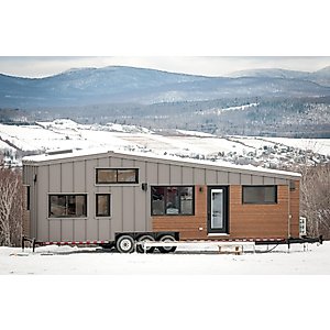 Tiny RV Mobile House with Downstairs Bedroom, Loft, Full Kitchen & Bathroom - Family-Friendly Design with Upraised Living Area, Cedar/Steel Exterior, Double-Pitched Roof - Perfect for Full-Time Living