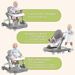 Baby Walker with Wheels, 2-in-1 Activity Walker Learning-Seated, Walk-Behind, Removable Play Tray, Adjustable Height & Speed, Foldable Baby Walker for Boys and Girls from 6-18 Months with Footrest…