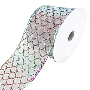 Homeford Pastel Glitter Mermaid Fish Scales Wired Ribbon, 2-1/2-Inch, 10-Yard