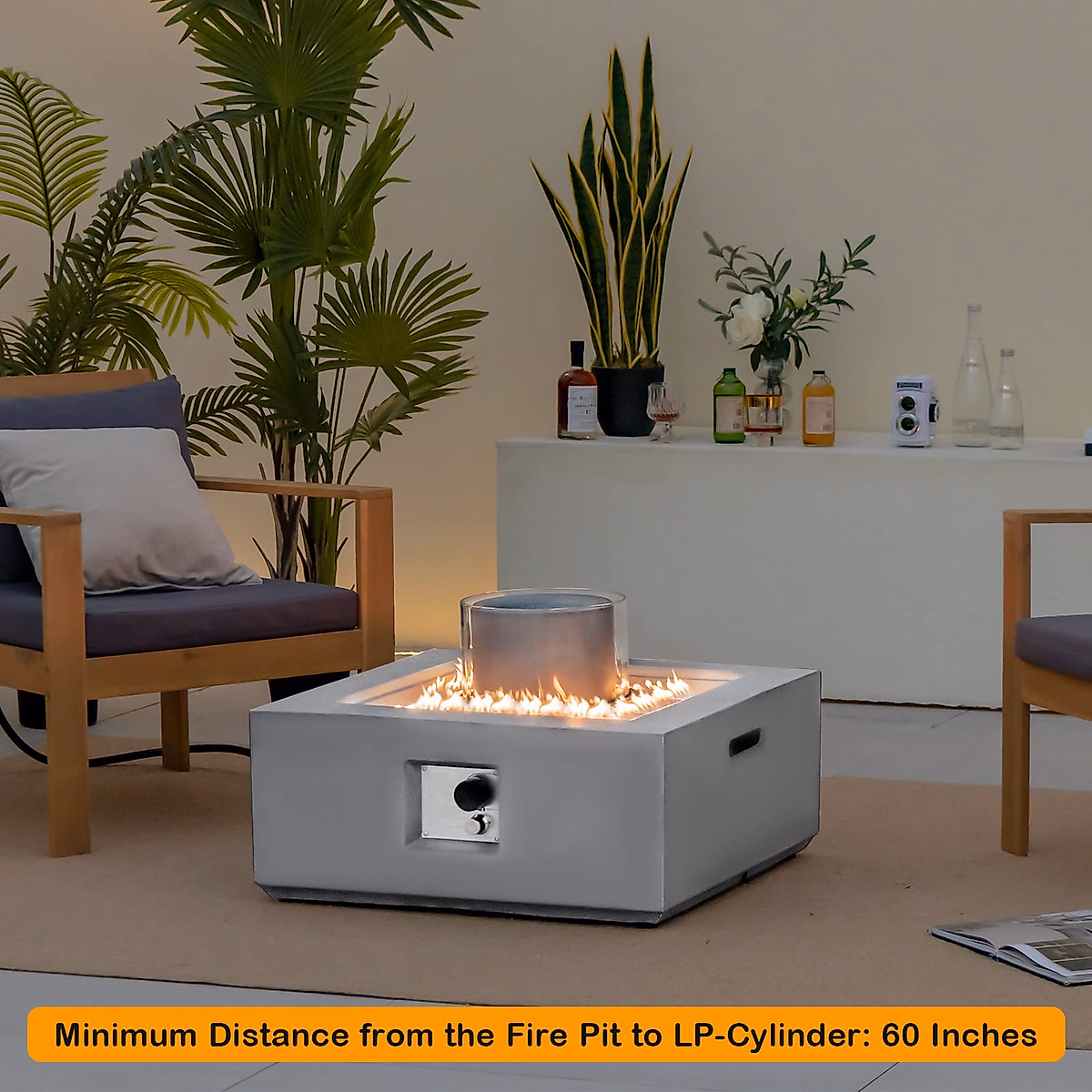 Giantex Fountain Fire Pit Table - 50,000 BTU Square Fire Table w/Middle Fountain, Wind Glass, Stainless Steel Burner, PVC Cover, CSA & UL Certificated, 28” Firepit for Patio, Poolside, Backyard,Gray