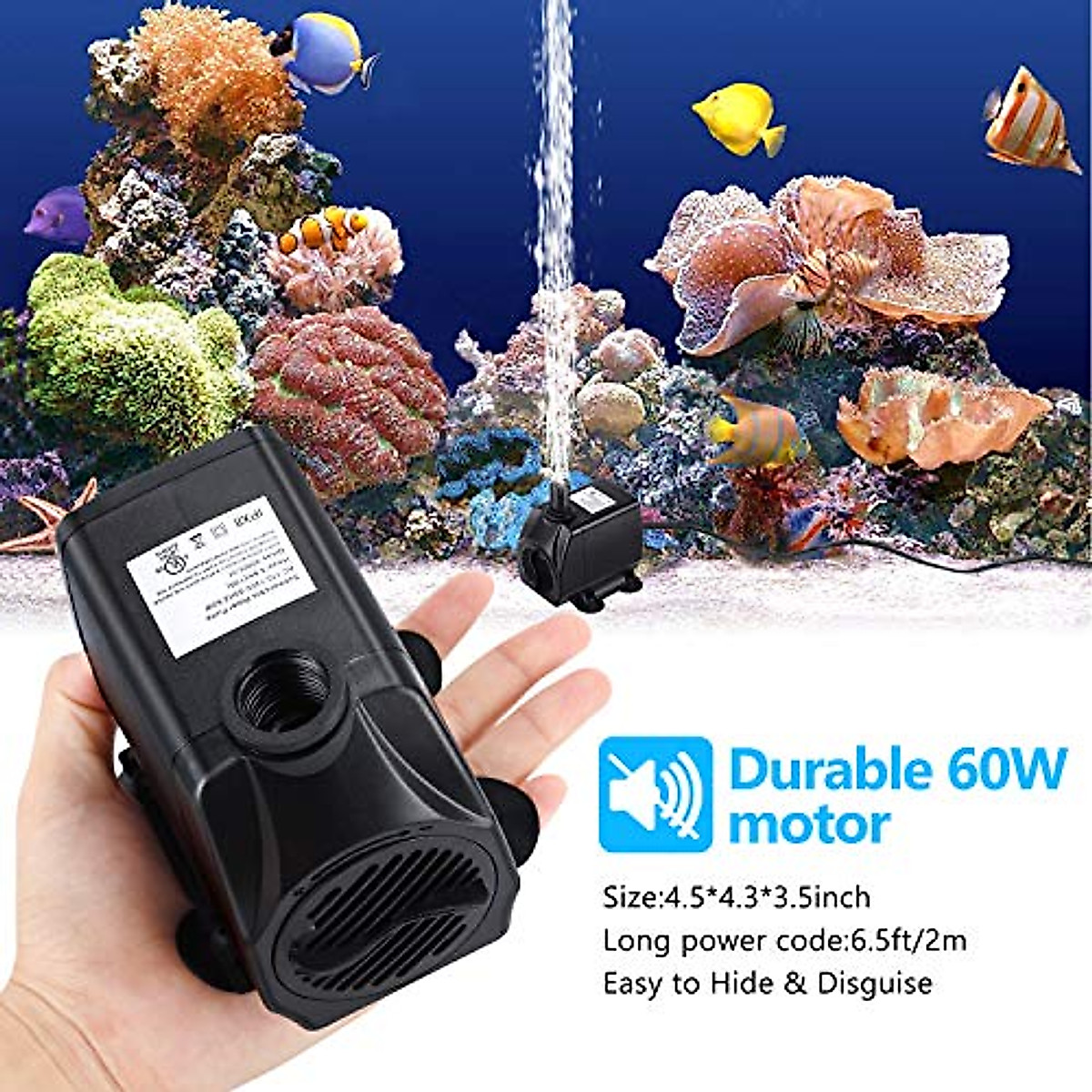 CWKJ Fountain Pump, 880GPH Submersible Water Pump, Durable 60W Outdoor Fountain Water Pump with 6.5ft Power Cord, 3 Nozzles for Aquarium, Pond, Fish Tank, Water Pump Hydroponics, Backyard Fountain