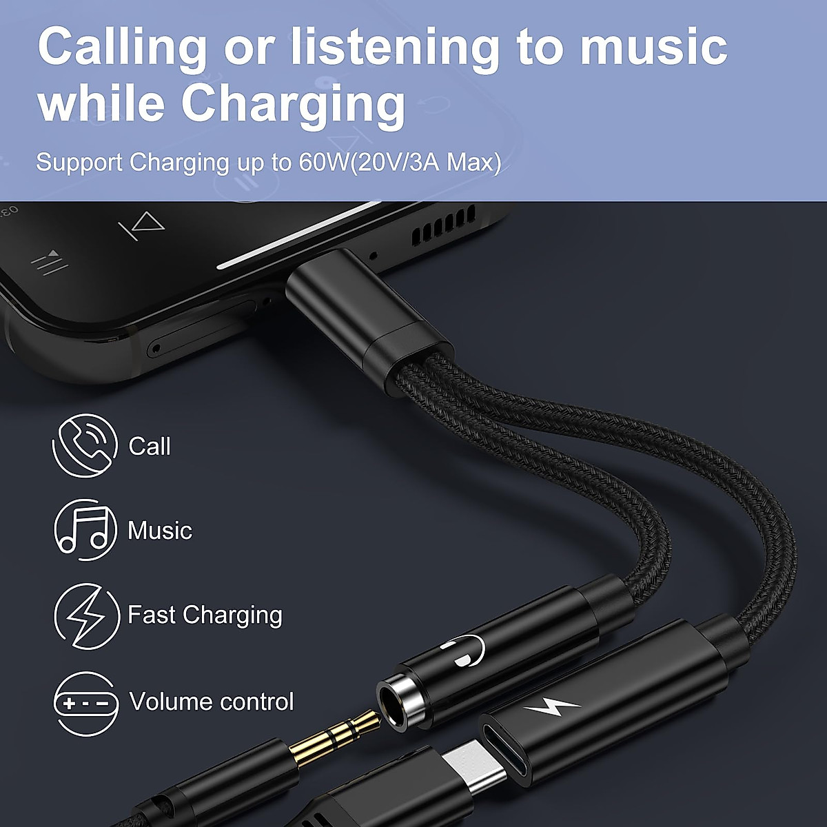 Samsung Galaxy S23 Headphone Adapter, 2 in 1 USB C to 3.5mm Aux Audio Jack with 60W Fast Charging Dongle Cable for Galaxy S24 S23 Ultra S22 S21 A14 A54 A13 Flip5, iPhone 15/15 Pro Max, Pixel 8 7 6 5 4