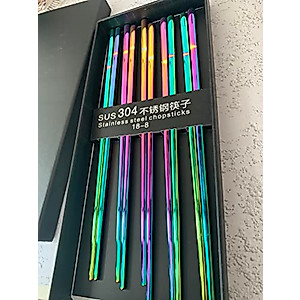Koolemon 5pairs Polished Multicolor Rainbow 304 Stainless Steel Chopsticks Set,Metal Chopsticks Reusable, Dishwasher Safe, Traditional Chopstick,9.5inch