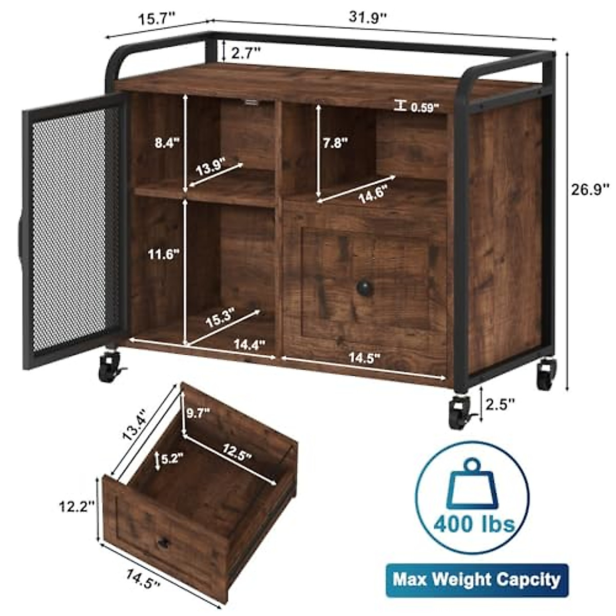 BON AUGURE Filing Cabinet for Home Office, Rolling Lateral File Cabinet with Storage, Wood Metal Printer Stand with Drawer Under Desk (Rustic Oak)