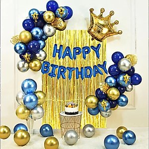 Gold and silver blue Birthday Party Decoration Set，Including Happy Birthday Banner, Balloons, Metallic Fringe Curtain, Golden Crown, Suit Perfect For Girls or Boys, Men or Women Birthday Party