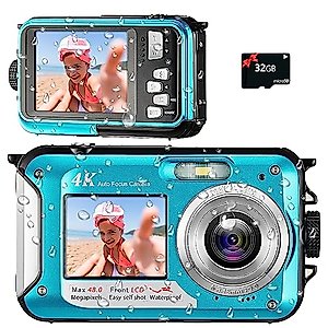 4K Waterproof Camera 11FT Underwater Camera with 32GB Card 48MP Autofocus Selfie Dual-Screen Underwater Cameras for Snorkeling, Waterproof Compact Digital Camera 1250mAh Battery（Blue）