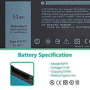 11.4V 51Wh 93FTF Laptop Battery for Dell Latitude 5580 5590 5591 5480 5490 5491 5280 5288 5488 5495 E5280 E5480 E5580 Precision 15 3520 3530 GJKNX D4CMT 3DDDG 083XPC 83XPC 4YFVG