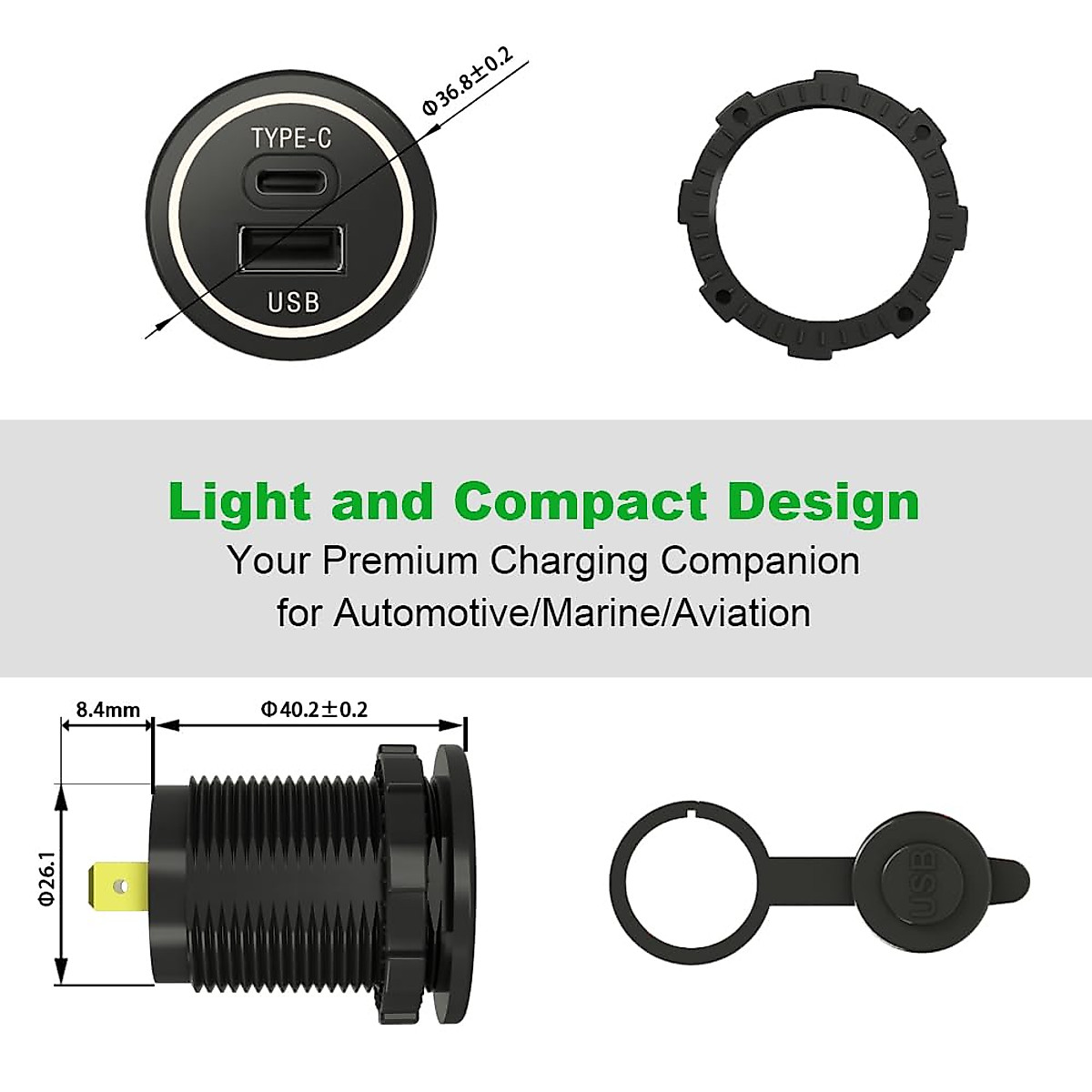 DAMAVO YM1218 USB Type C 28W Fast charger Waterproof with Cap Type C USB Car Charger Socket 9V-36V for Car, Boat, Golf Cart, Bus, RV, Golf, Automotive Marine ATV Truck