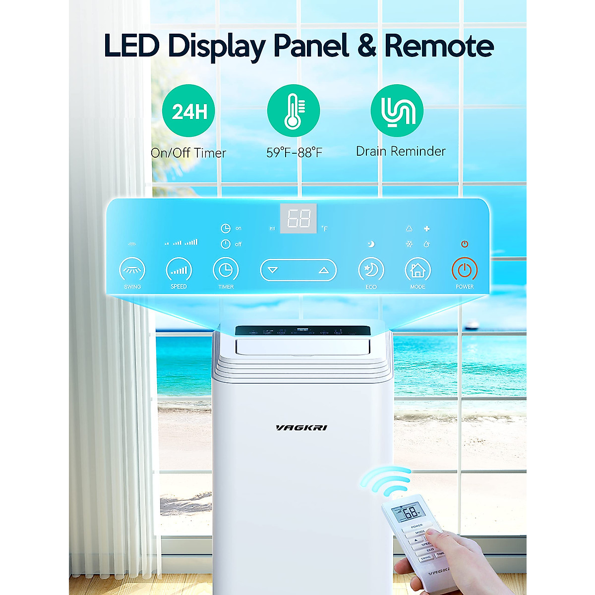 VAGKRI Portable Air Conditioners 12000 BTU, 3-in-1 AC Unit with Fan & Dehumidifier Cools up to 400 sq. ft, Portable AC with ECO Mode, 3 Fan Speeds, Auto Swing, 24H On/Off Timer, Remote Control