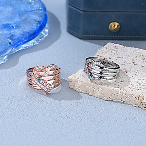 Her Gift Personalized Mother Rings with 1-8 Birthstones Heart Family Ring Custom Engraved Name Ring for Mom Women Grandma Wife (7 Names & Birthstones)
