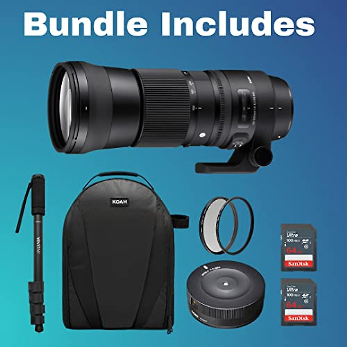 Sigma 150-600mm 5-6.3 Contemporary DG OS HSM Lens for Canon DSLR Cameras USB Dock and Two 64GB SD Card Bundle (7 Items)