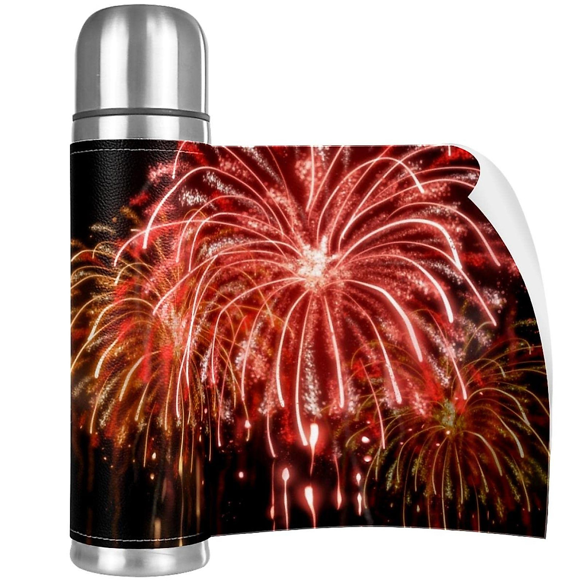 Stainless Steel Leather Vacuum Insulated Mug Fireworks Thermos Water Bottle for Hot and Cold Drinks Kids Adults 16 Oz
