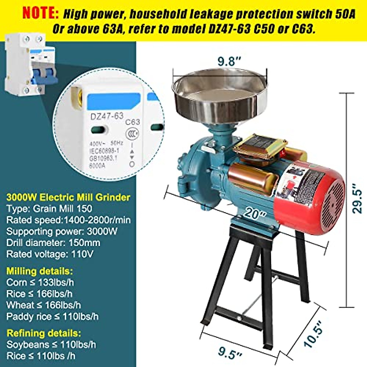 Electric Grain Grinder Mill, 3000W 110V Corn Grinder Mill Electric, Dry Cereals Rice Coffee Wheat Corn Mills with Funnel, Grain grinder mill powder machine