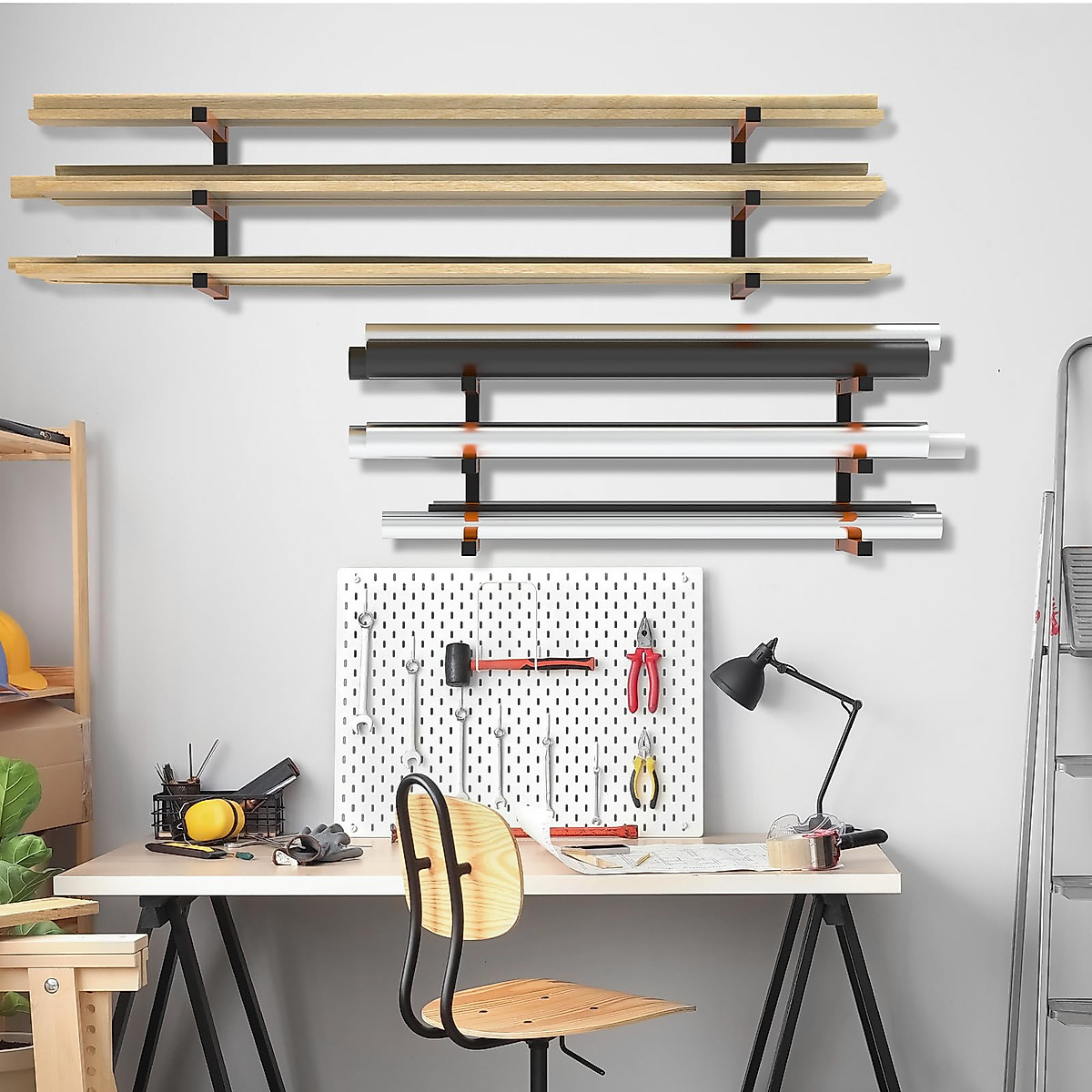 smusei 4 Pack Lumber Storage Rack 3 Level Wall Mount Wood Rack Organizer Overhead Lumber Wood Storage Metal Rack for Garage Shop Indoor Outdoor