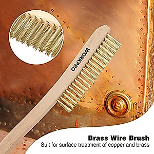 WORKPRO Wire Brush Set, 4Pcs Brass/Stainless/Carbon Steel Bristles Wire Scratch Brushes with Long Curved Beechwood Handle for Rust, Dirt & Paint Scrubbing with Deep Cleaning