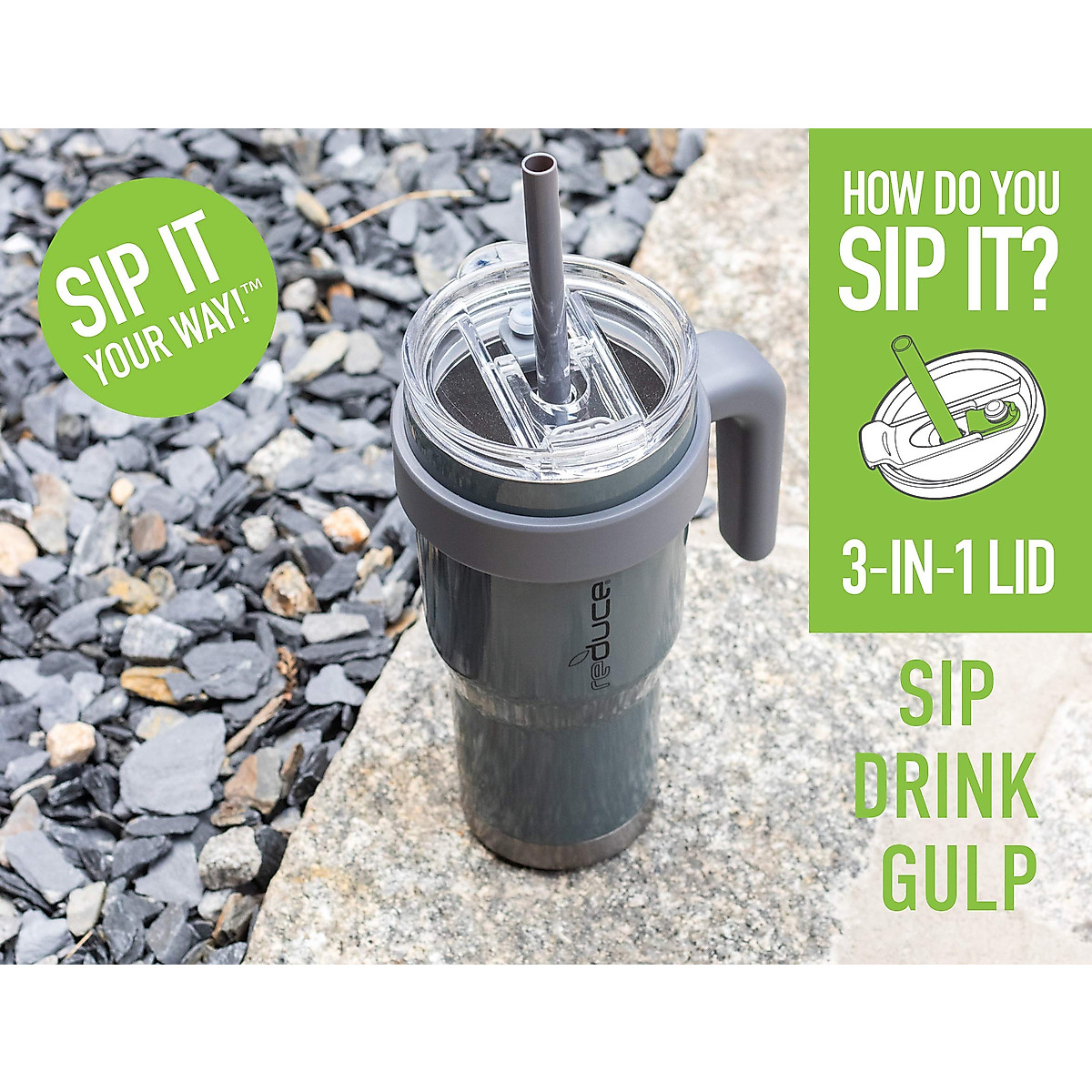 Reduce Tumbler – 24oz COLD 1 Mug With Lid, Straw and Handle – 24 Hours Cold – Easy-Hold Handle, Vacuum Insulated, Sweat-Proof Body – Cupholder Friendly Insulated Mug – White Gloss