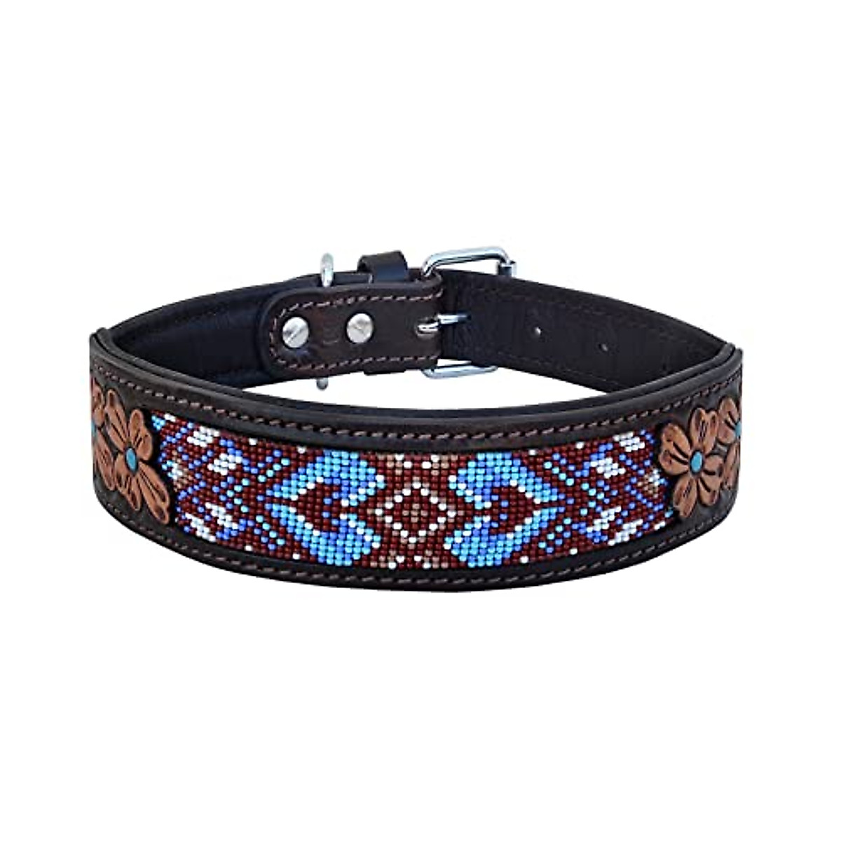 Leather Dog Collar Extra Small Size Western Style Heavy Duty Hand Tooled Adjustable Beaded and Padded Soft for Puppies and Big Dogs 10AB032-XS